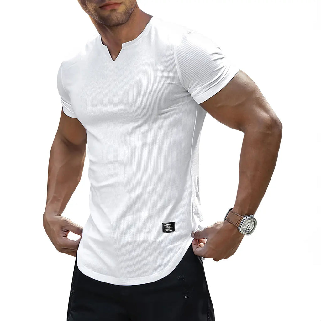 JMIERR Men's Solid Color Slim Fit T-Shirt, Stylish V-Neck Long T-Shirt ...